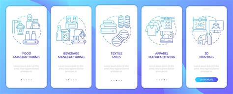 Manufacturing Sub Sectors Blue Gradient Onboarding Mobile App Screen Walkthrough 5 Steps