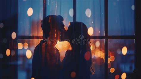 Reflection Window Couple Love Kissing Lights Background Romantic Night
