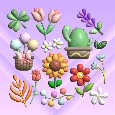 Conjunto De Flores Y Naturaleza Cute Colección 3dvector Vector Premium
