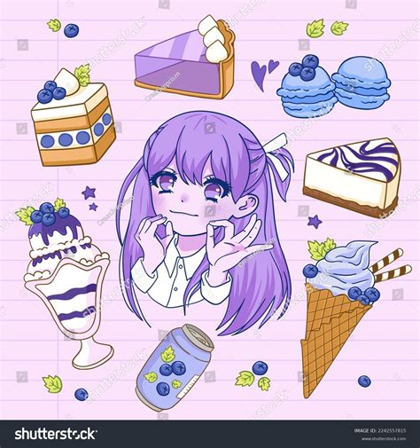 Set Blueberry Dessert Kawaii Anime Girl Stock Vector Royalty Free