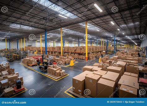 Efficient Conveyor System In A Busy Warehouse Smoothly Transporting