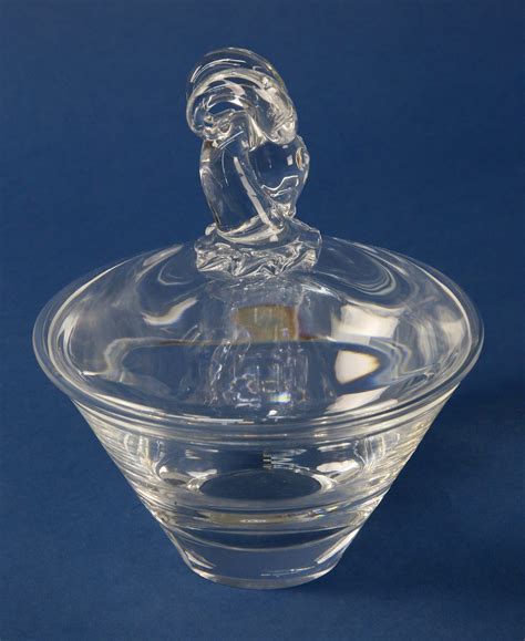 Signed Steuben Clear Glass Crystal Rams Head Covered Candy Dish