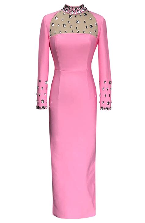 Long Sleeve Crystal Maxi Dress Pink Luxe Maxi Dresses And Luxe Party