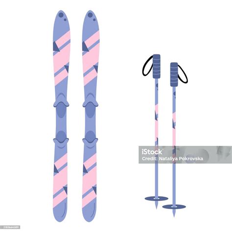 파란색과 분홍색 한 쌍의 스키와 폴이 흰색 배경에 고립되어 있습니다 손으로 그린 벡터 일러스트 레이 션 플랫 스타일 겨울 산악 스포츠 장비 웹 아이콘 스티커 디자인 그림