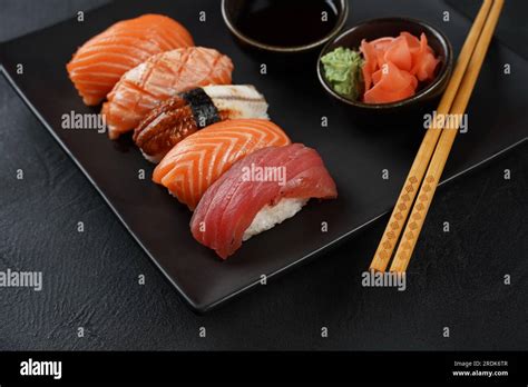 Japanese Traditional Cuisine Set Of Nigiri Sushi Topped With Sake