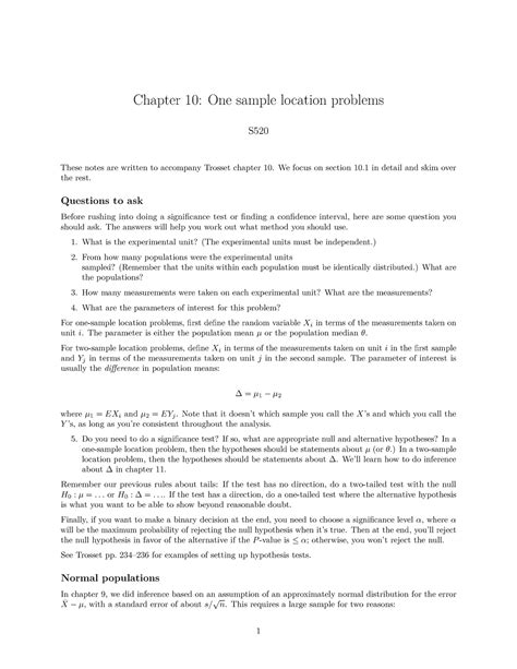 S520 Ch10 Notes This Is Stats Notes Chapter 10 One Sample Location