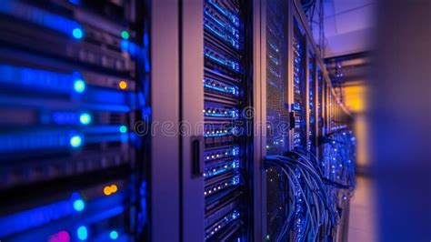 advanced data center with glowing server racks and complex wiring stock