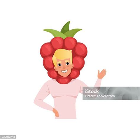흰색 배경에 라즈베리 과일 모자 벡터 일러스트 레이 션의 웃는 남자 캐릭터 들 건강한 생활방식에 대한 스톡 벡터 아트 및 기타 이미지 건강한 생활방식 건강한 식생활