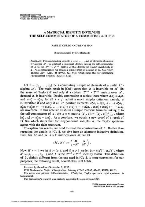 Pdf A Matricial Identity Involving The Self Commutator Of A Commuting