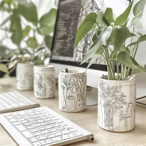 Creative Workspace Featuring Decorative Planters And A Modern Computer