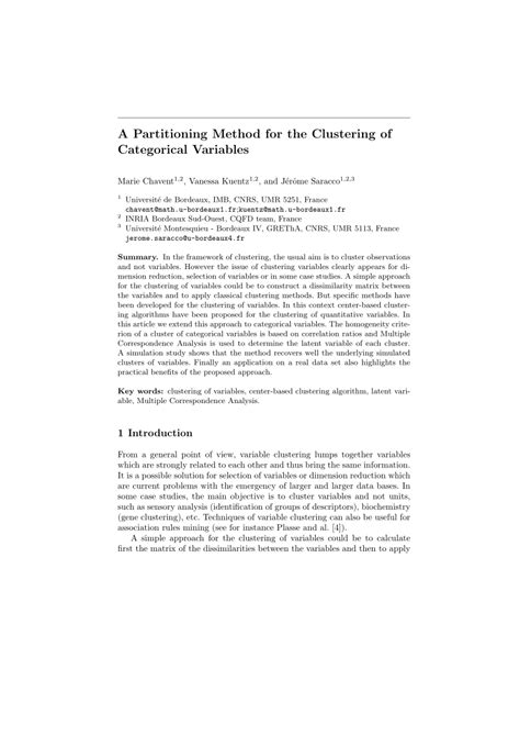 Pdf A Partitioning Method For The Clustering Of Categorical Variables
