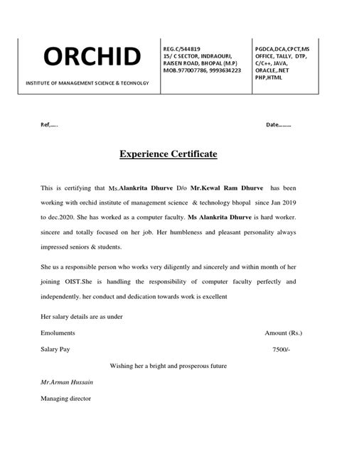 Orchid Experience Certificate Pdf