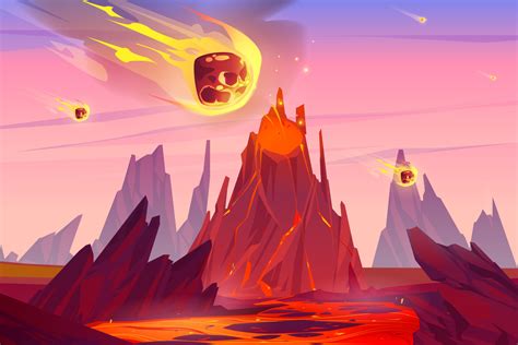 Meteor Rain Falling On Earth With Erupting Volcano 13997854 Vector Art At Vecteezy