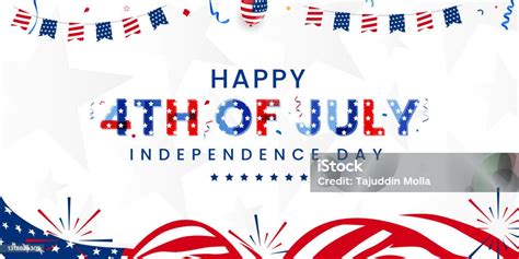 7월 4일 해피 미국 독립기념일은 화려한 글자 새겨진 별 색종이 디자인으로 미국을 흔들며 깃발을 흔들며 브로셔를 위한 불꽃놀이 배경 템플릿 포스터 배너를 착용했습니다 벡터
