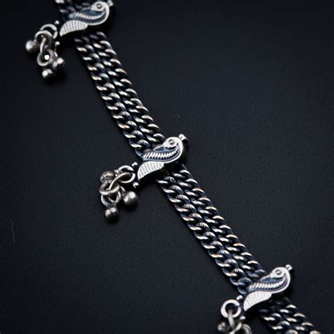 Silver Anklet With Peacock Motif Black Beaded Jewelry Silver Anklets