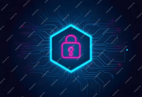 Premium Photo Cyber Security Neon Blue And Pink Glowing Lock Icon Centered On A Hexagonal Shape