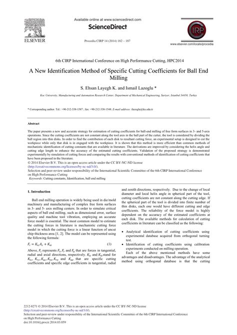 Pdf A New Identification Method Of Specific Cutting Coefficients For Ball End Milling