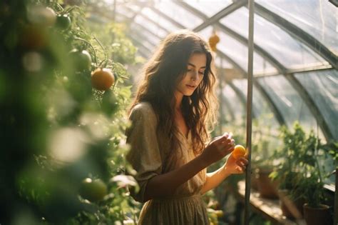 Premium AI Image A Woman In A Greenhouse Holding An Orange