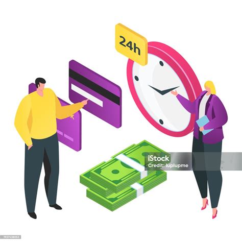 신용카드를 들고 있는 남자와 큰 시계와 현금 근처에 수첩을 들고 있는 여자 재무 관리 은행 서비스 그리고 시간은 돈이다 개념 벡터 일러스트 레이 션 개념에 대한 스톡 벡터