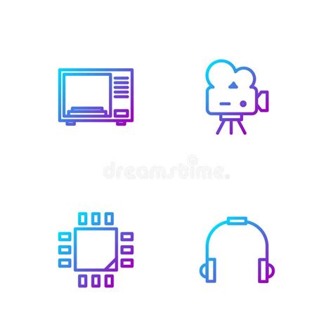 Set Line Headphones Processor With Microcircuits Cpu Microwave Oven