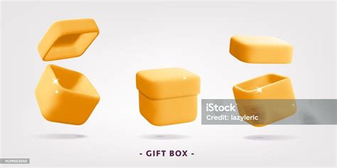 3d 벡터 만화 플라스틱 렌더링 선물 열기 및 닫힌 떠 다니는 노란색 상자 디자인 세트 3차원 형태에 대한 스톡 벡터 아트 및 기타 이미지 3차원 형태 검은색 공중