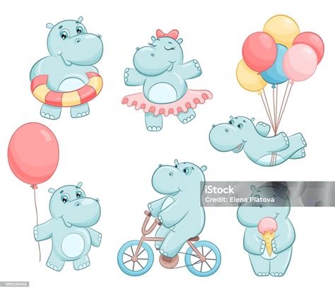 수영 서클 아이스크림 및 풍선 벡터 일러스트레이션으로 귀여운 하마를 손으로 그렸습니다 만화 하마는 흰색에 고립되어 있습니다 인쇄 엽서 및 초대장을위한 귀여운 아기 캐릭터