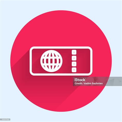 긴 그림자로 격리 된 화이트 라인 항공권 아이콘 비행기 표 빨간색 원 버튼입니다 벡터 일러스트레이션 건네주기에 대한 스톡 벡터
