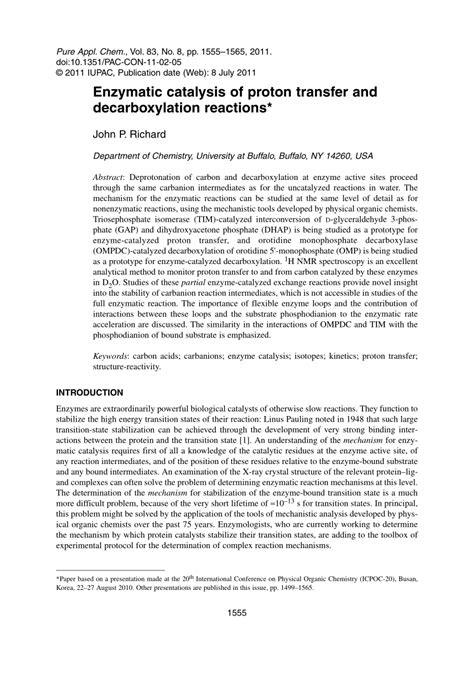 Pdf Cheminform Abstract Enzymatic Catalysis Of Proton Transfer And Decarboxylation Reactions