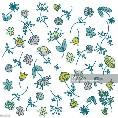 복고풍 스타일의 여름 꽃 패턴을 낙서합니다 티 포스터 카드를 위한 완벽한 인쇄 장식과 디자인을 위한 꽃 벡터 그림 개화기에 대한 스톡 벡터 아트 및 기타 이미지 Istock