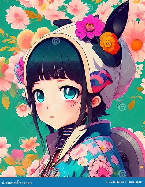 Cute Anime Girl With Flowers Background Fantasy Illustration Stock
