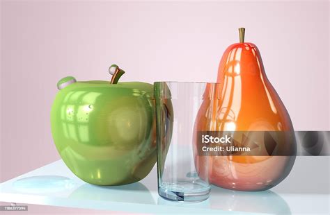 녹색 사과 배와 유리 창조적 인 정물의 3d 그림은 일빛 모방 과 분홍색 방에 유리 테이블에 가정 주방에 대한 스톡 사진 및