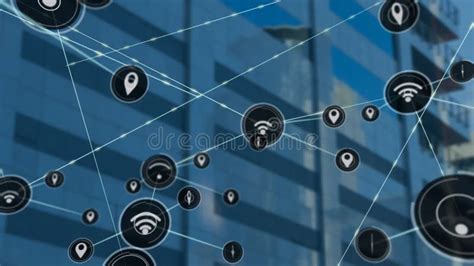 Animation Of Network Of Connections With Icons Over Cityscape Stock