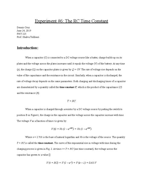 Experiment 6 Rc Conectors Experiment 6 The Rc Time Constant Dennis Cruz June 24 2019 Phy