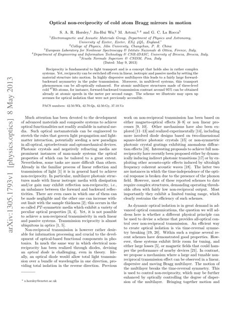 Pdf Optical Nonreciprocity Of Cold Atom Bragg Mirrors In Motion