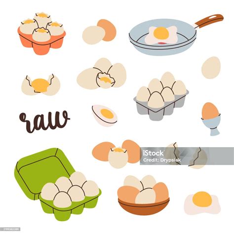 닭고기 달걀 세트 날달걀과 삶은 달걀 깨진 달걀 껍질 단백질 및 노른자 카페 메뉴 레스토랑에 대한 손으로 그린 요소 벡터 일러스트 레이 션 가금류에 대한 스톡 벡터 아트 및