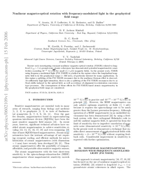 Pdf Nonlinear Magneto Optical Rotation With Frequency Modulated Light In The Geophysical Field