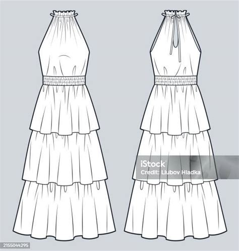 레이어드 드레스 테크니컬 패션 일러스트레이션입니다 고삐 드레스 패션 플랫 기술 도면 템플릿 맥시 길이 탄성 허리띠 앞면과 뒷면보기 화이트 여성 드레스 Cad 모형 0명에