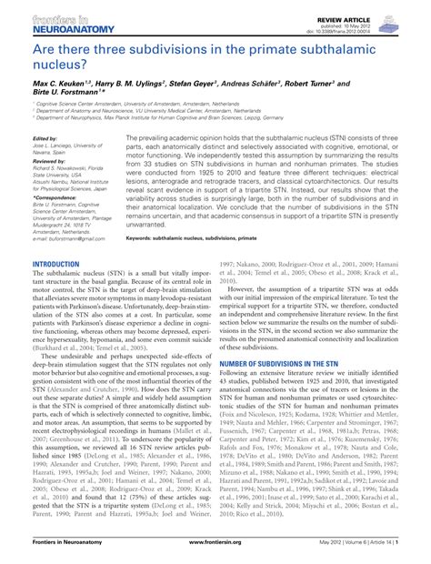 Pdf Are There Three Subdivisions In The Primate Subthalamic Nucleus