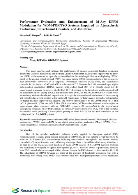 Pdf Performance Evaluation And Enhancement Of M Ary Dppm Modulation For Wdm Pon Fso Systems