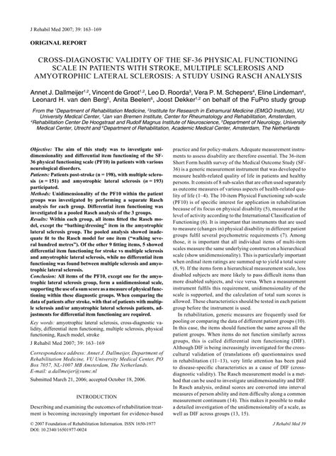 Pdf Cross Diagnostic Validity Of The Sf 36 Physical Functioning Scale
