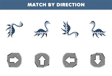 귀여운 만화 플레시오사우르스 인쇄 가능한 선사 시대 공룡 워크시트의 왼쪽 오른쪽 위 또는 아래 방향으로 어린이를 위한 교육 게임 프리미엄 벡터