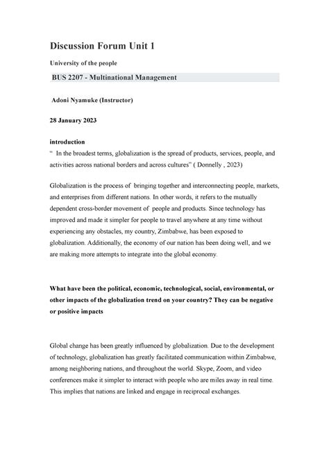 discussion forum unit 1 globalization discussion forum unit 1