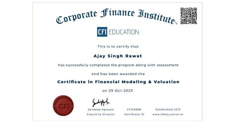 certificate in financial modeling and valuation issued by cfi education to ajay singh rawat ajay