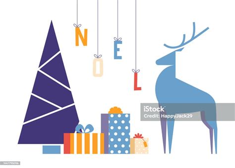 장식 된 나무 선물 상자 및 사슴과 크리스마스 인사말 카드 휴일을위한 플랫 선물 노엘 텍스트 겨울 휴가 12월에 대한 스톡 벡터