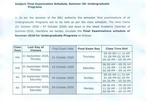 Final Examination Schedule Summer 2020 North South University