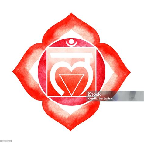 차크라 기호 루트 개념 꽃 꽃이 수채화 그림 손으로 그린 아이콘 로고 일러스트 레이 션 디자인 로그인의 붉은 색 차크라에 대한 스톡 벡터 아트 및 기타 이미지 Istock