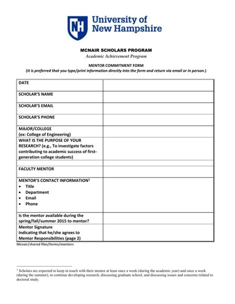 Mcnair Scholars Program Mentor Commitment Form