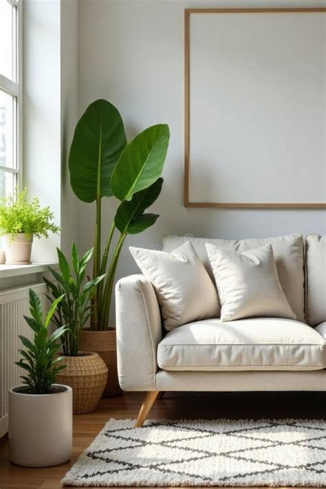 Linen Sofa Geometric Rug Potted Plants Natural Light Interior