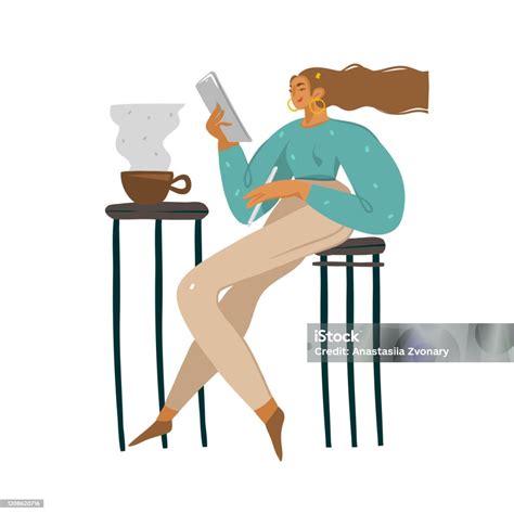 손으로 그린 벡터 스톡 추상 그래픽 일러스트 컬렉션 컬렉션 세트 어린 소녀와 함께 아이 패드와 애플 연필을 사용하여 의자에 앉아 흰색 배경에 고립 된 커피를 마십니다