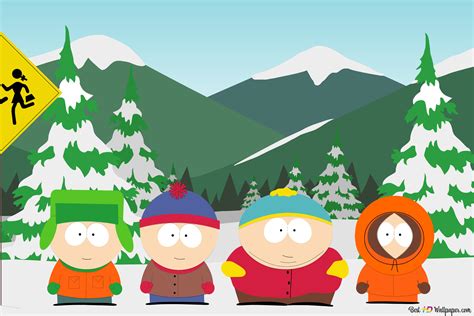 South Park Cartoon Characters Posing In Front Of Snowy Pines 4k